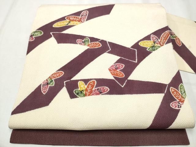 平和屋着物○九寸名古屋帯 型染め 舞葉文 鬼しぼ縮緬 正絹 逸品