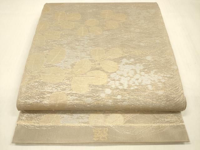 平和屋着物＊夏物　織物一筋名門　織悦　全通柄　本袋帯　草花文　銀糸　正絹　逸品　DAAX5694cm 平和屋着物＊夏物 織物一筋名門 織悦 全通柄 本袋帯 草葉文 金銀糸