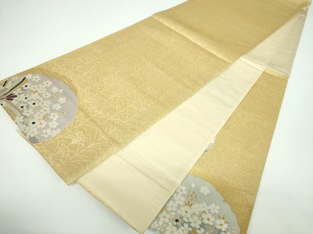 平和屋着物○太鼓柄袋帯 雪輪舞桜 若松葉 金銀糸 正絹 逸品 DABB4252ps