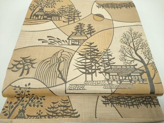 平和屋着物○名門木屋太 今河織物 皆川泰蔵 染色家 六通柄袋帯 風景文