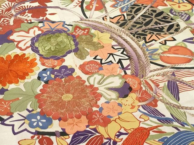 平和屋本店○極上 アンティーク 大正ロマン 振袖 駒刺繍 鼓草花文 暈し