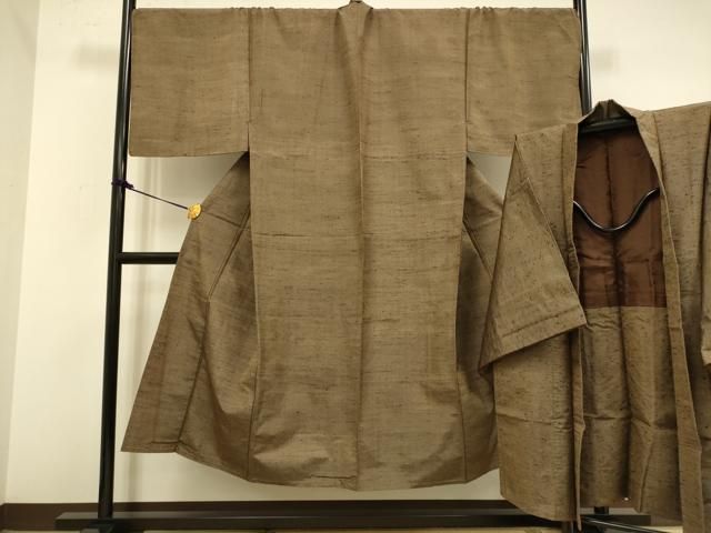 平和屋着物□極上 男性 紬 単衣 アンサンブル キングサイズ 長羽織・髭