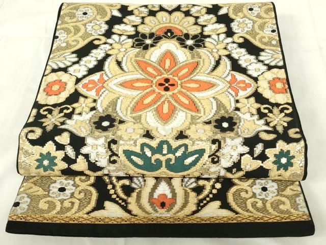 平和屋着物◎六通柄 京袋帯 更紗花文 黒地 金糸 正絹 逸品 DABA5964qp