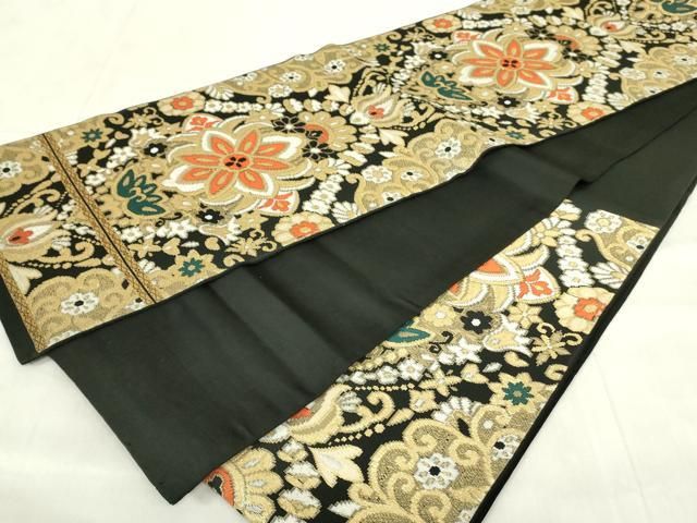 平和屋着物◎六通柄 京袋帯 更紗花文 黒地 金糸 正絹 逸品 DABA5964qp