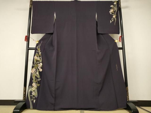 平和屋着物■極上　夏物　色無地　黒地　やまと誂製　綿×麻　逸品　CYAA3687s5 平和屋着物○こむさでもーど・COMME CA DU MODE 訪問着 流水花文