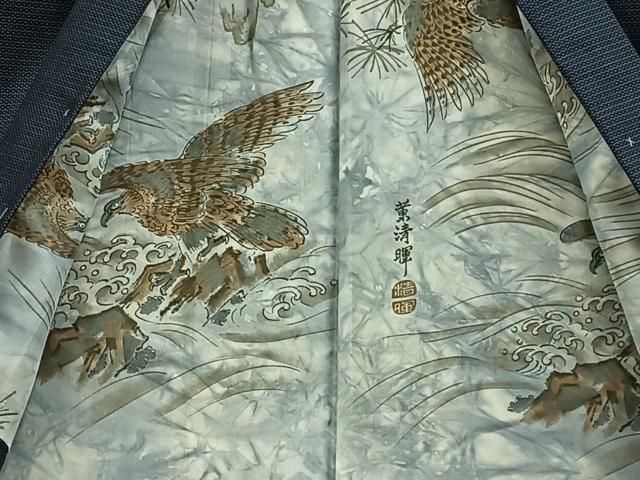 平和屋着物○男性 紬 アンサンブル 100亀甲 羽裏：鷹 正絹 逸品 未使用