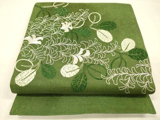 平和屋着物＊夏物 六通柄袋帯 駒刺繍 草葉文 正絹 逸品 DABB3278cm