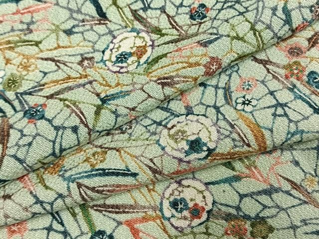 平和屋着物▽上質な小紋 単衣 型染め 草花文 鬼しぼ縮緬 正絹 逸品