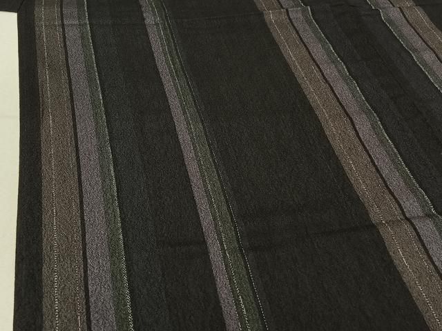 平和屋着物▽本塩沢 単衣 やまだ織 縞 やまと誂製 証紙付き 正絹 逸品