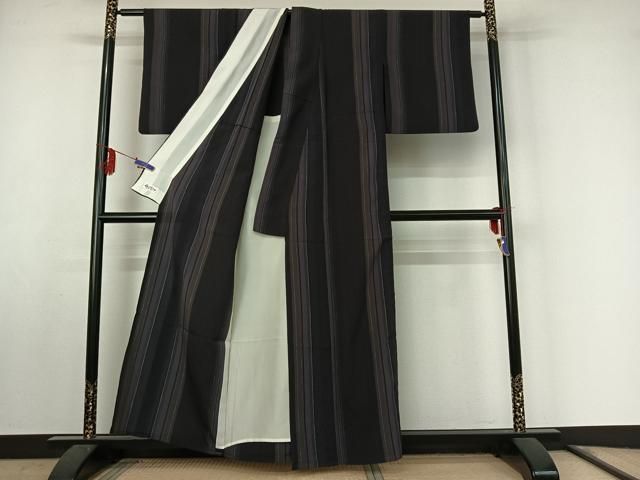 平和屋着物▽本塩沢 単衣 やまだ織 縞 やまと誂製 証紙付き 正絹 逸品