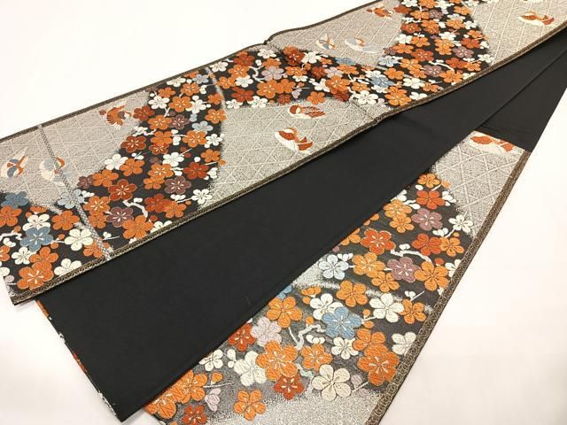 平和屋着物◎六通柄袋帯 唐織 鴛鴦枝梅文 黒地 金銀糸 正絹 逸品