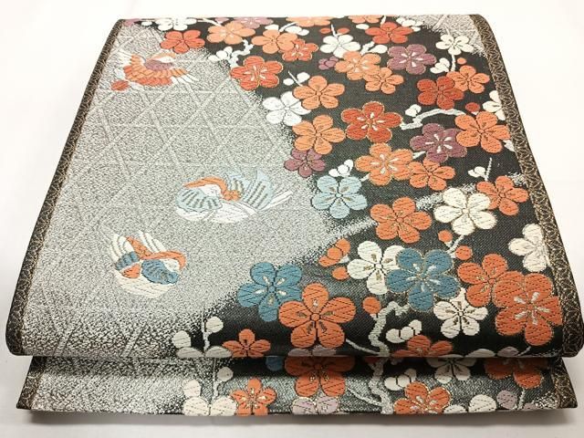 平和屋着物◎六通柄袋帯 唐織 鴛鴦枝梅文 黒地 金銀糸 正絹 逸品