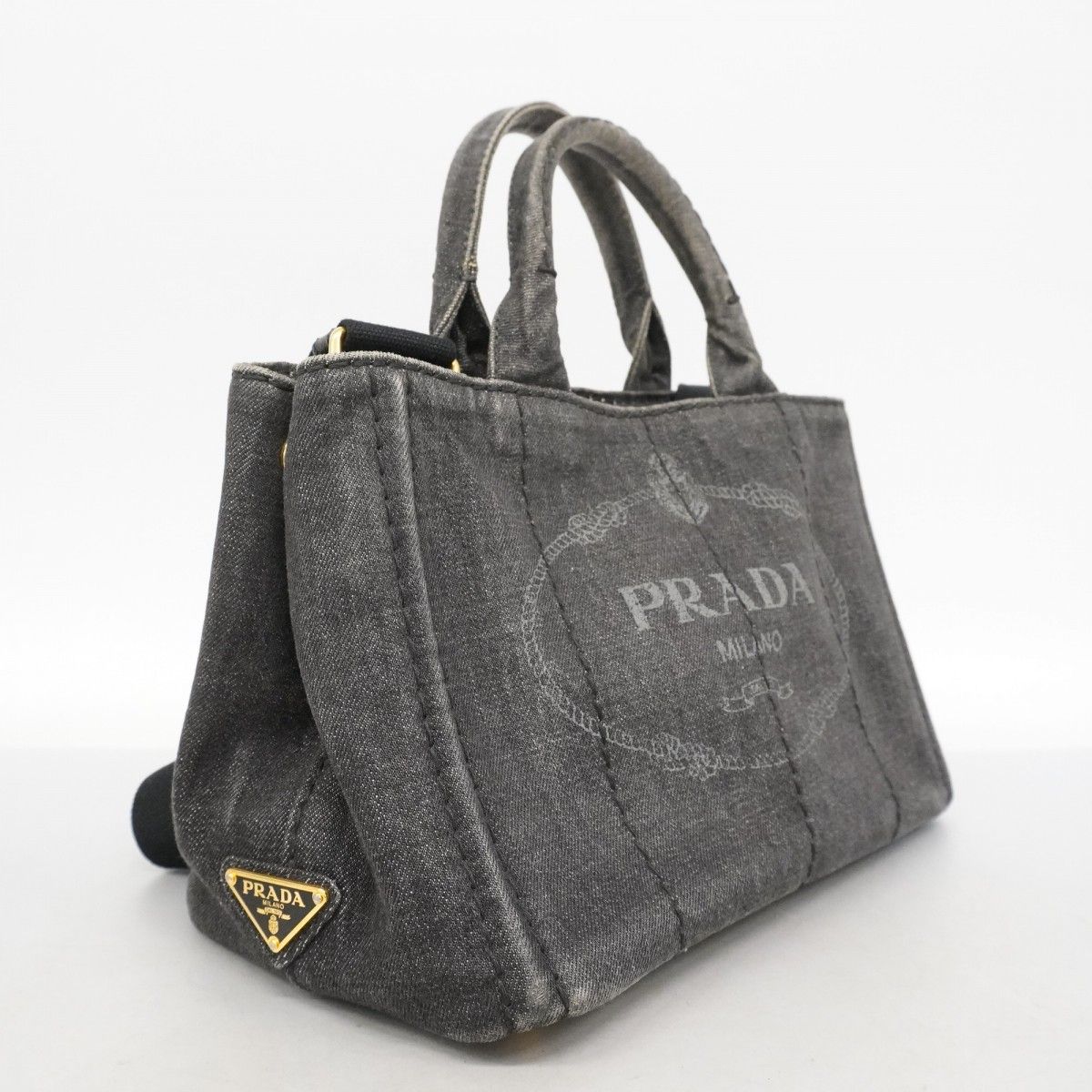 6aa0070-k】プラダ ハンドバッグ カナパ デニム ブラック ゴールド金具