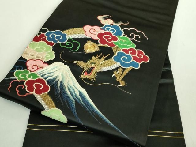 平和屋着物●アンティーク　大正ロマン　九寸名古屋帯　作家物　総刺繍　尾長鳥　黒地　金糸　正絹　逸品　DAAZ3155ob 平和屋着物○極上 アンティーク 大正ロマン 九寸名古屋帯 総手刺繍