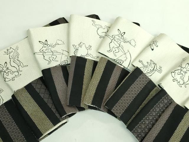 平和屋着物○極上 男性 両面 角帯 鳥獣戯画 横段文 逸品 DZAB2400kh6