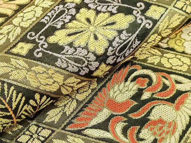 平和屋着物○極上 西陣 川島織物 六通柄 本袋帯 鳳凰花菱文 黒地 金糸