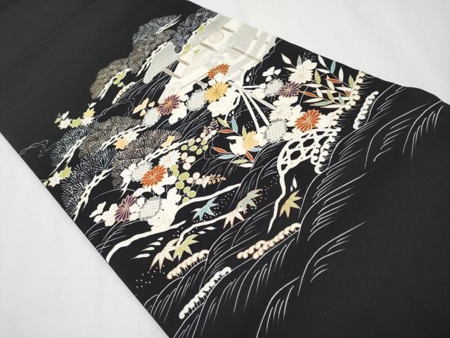 平和屋本店○極上 塩瀬 九寸開き名古屋帯 駒刺繍 御所解文 黒地 金彩