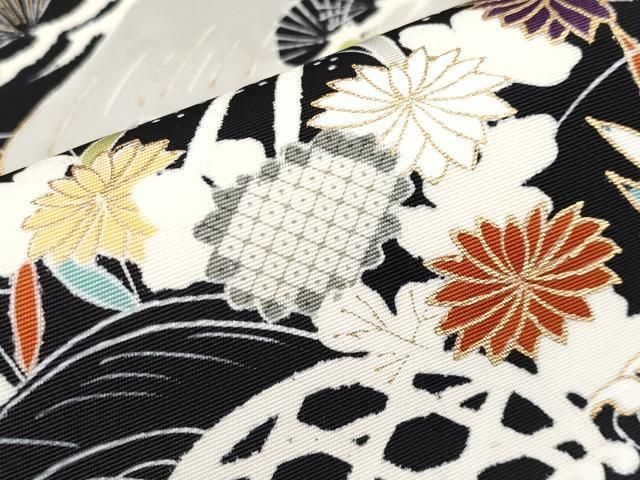 平和屋本店○極上 塩瀬 九寸開き名古屋帯 駒刺繍 御所解文 黒地 金彩