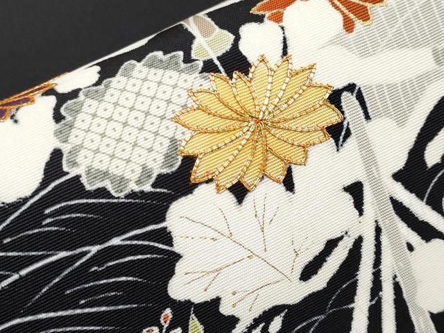 平和屋本店○極上 塩瀬 九寸開き名古屋帯 駒刺繍 御所解文 黒地 金彩