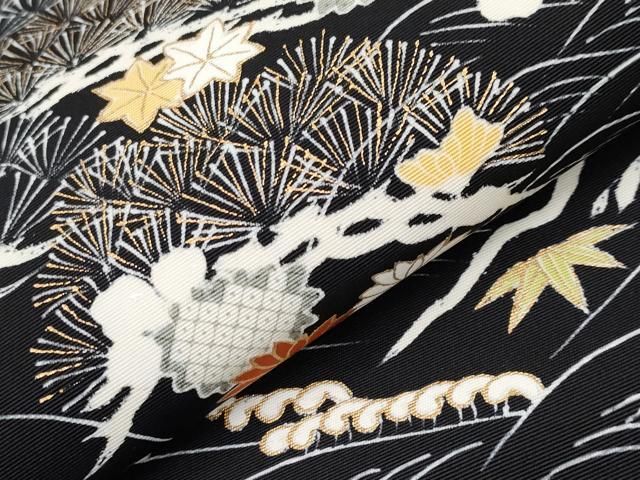 平和屋本店○極上 塩瀬 九寸開き名古屋帯 駒刺繍 御所解文 黒地 金彩