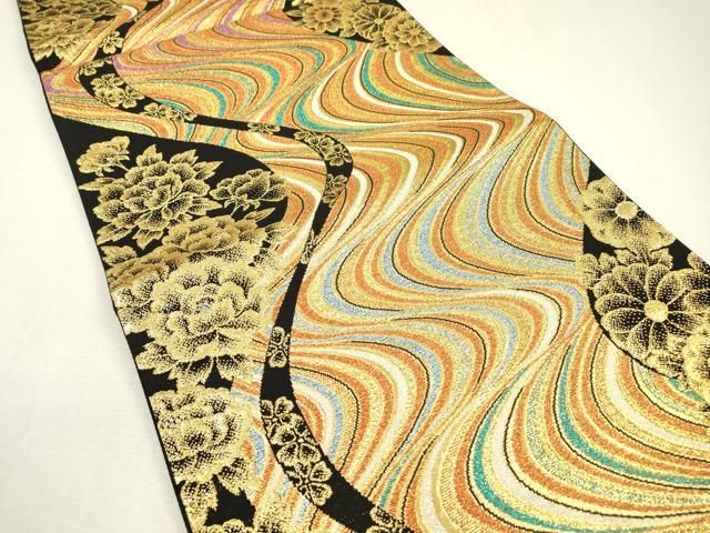 平和屋着物▽六通柄袋帯 流水花文 黒地 金糸 正絹 逸品 DAAZ6939fe