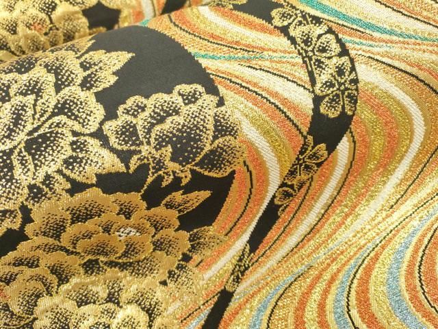 平和屋着物▽六通柄袋帯 流水花文 黒地 金糸 正絹 逸品 DAAZ6939fe