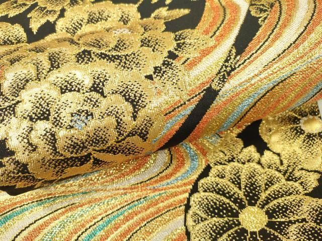 平和屋着物▽六通柄袋帯 流水花文 黒地 金糸 正絹 逸品 DAAZ6939fe