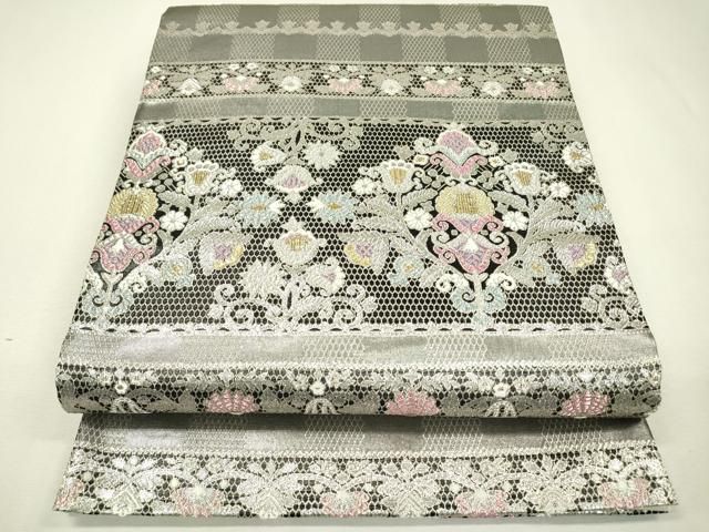 平和屋着物▽六通柄袋帯 横段洋花文 金銀糸 正絹 逸品 DAAZ6950fe