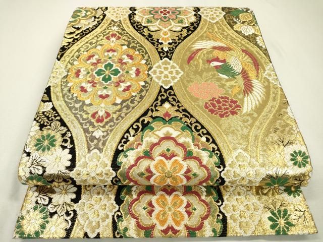平和屋着物▽六通柄袋帯 立涌鳳凰正倉院花文 金糸 正絹 逸品