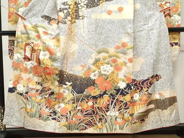 平和屋着物▽豪華振袖 駒刺繍 御所車花文 金彩 正絹 逸品 CABB7027th