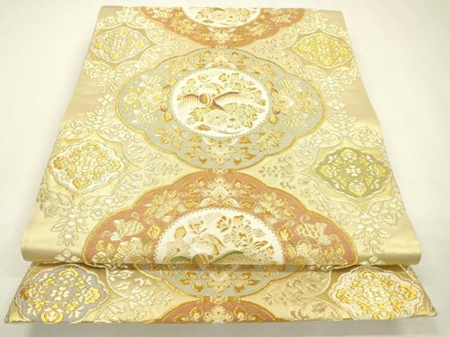 平和屋着物▽六通柄袋帯 手織 鳳凰花絵皿文 金糸 正絹 逸品 DABB1029fe