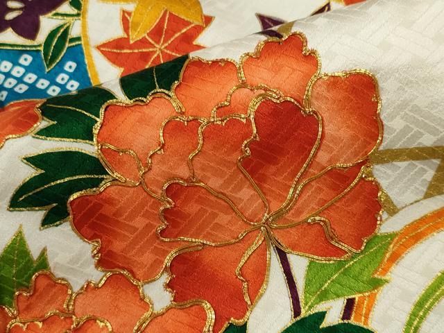 平和屋着物□訪問着 駒刺繍 草花丸文 金彩 ロング丈 正絹 逸品