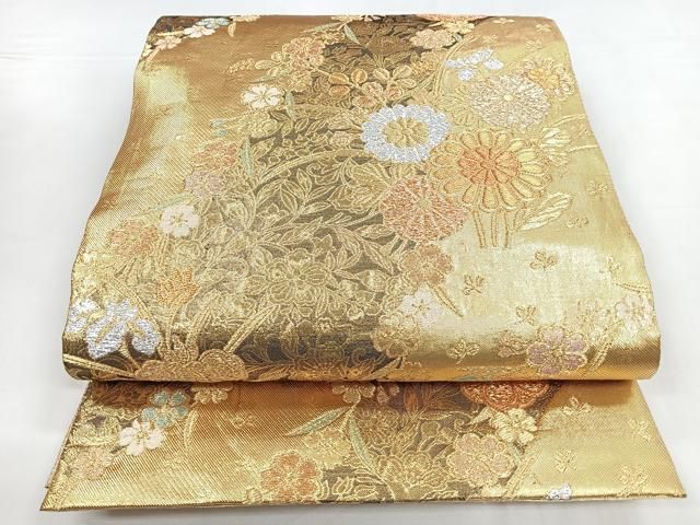 平和屋着物◎佐賀錦 両面 六通柄袋帯 草花文 金銀糸 正絹 逸品