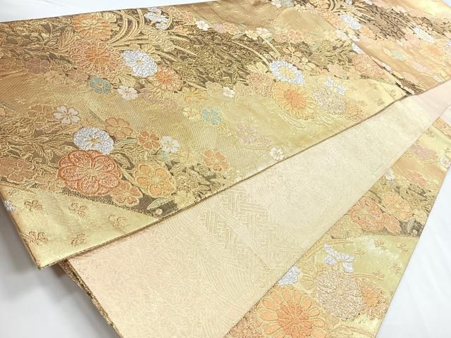 平和屋着物◎佐賀錦 両面 六通柄袋帯 草花文 金銀糸 正絹 逸品