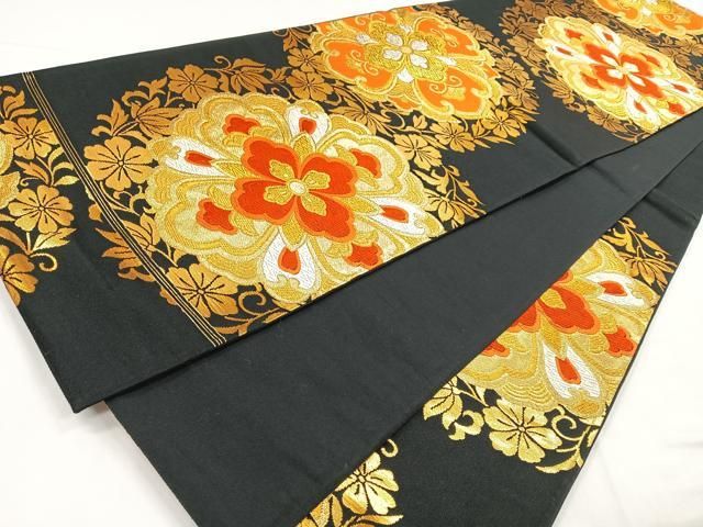 平和屋着物◎六通柄袋帯 唐織 正倉院花文 黒地 金銀糸 正絹 逸品