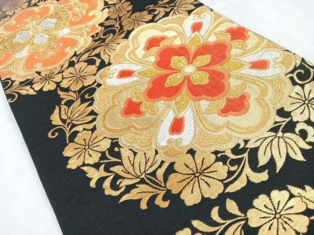 平和屋着物◎六通柄袋帯 唐織 正倉院花文 黒地 金銀糸 正絹 逸品