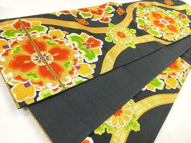 平和屋着物◎六通柄袋帯 唐織 立涌花文 黒地 金糸 正絹 逸品