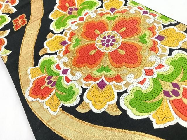 平和屋着物◎六通柄袋帯 唐織 立涌花文 黒地 金糸 正絹 逸品