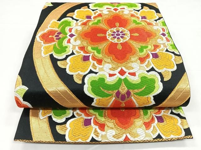 平和屋着物◎六通柄袋帯 唐織 立涌花文 黒地 金糸 正絹 逸品