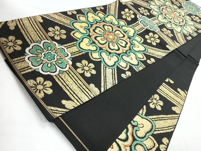 平和屋着物◎六通柄袋帯 正倉院花文 黒地 金糸 正絹 逸品 CABB1182nb