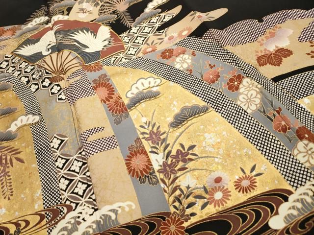 平和屋着物□豪華黒留袖 駒刺繍 扇面飛鶴花文 金銀彩 正絹 逸品