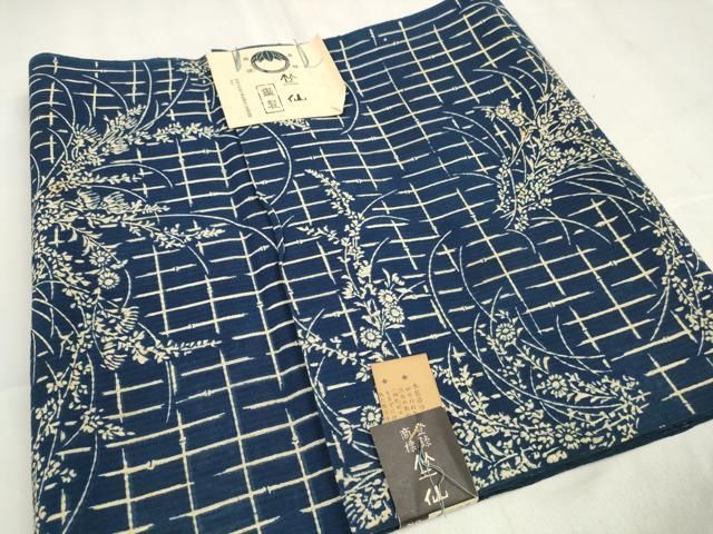 平和屋本店■夏物　竺仙鑑製　浴衣　反物　着尺　綿絽　草花　紺地　証紙付き　綿　逸品　未使用　DZAA11286kh5 平和屋着物＊夏物 竺仙 浴衣 反物 着尺 格子草花文 証紙付き 綿 逸品