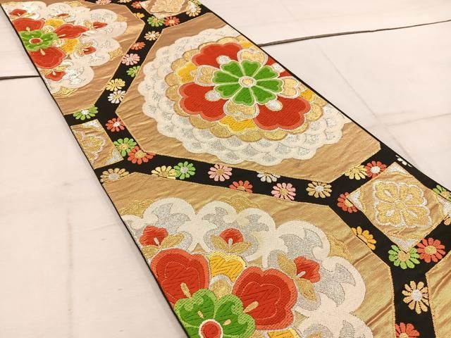 平和屋着物◎六通柄袋帯 唐織 蜀江花文 黒地 金銀糸 正絹 逸品