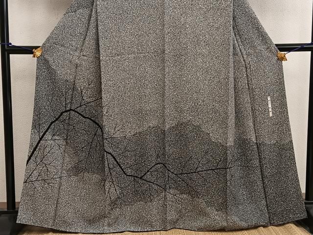 平和屋着物○二代目 川村久太郎 訪問着 枝葉文 たたき染め 黒地 正絹