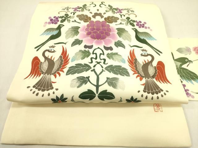 平和屋着物○塩瀬 九寸名古屋帯 作家物 花鳥文 金彩 正絹 逸品