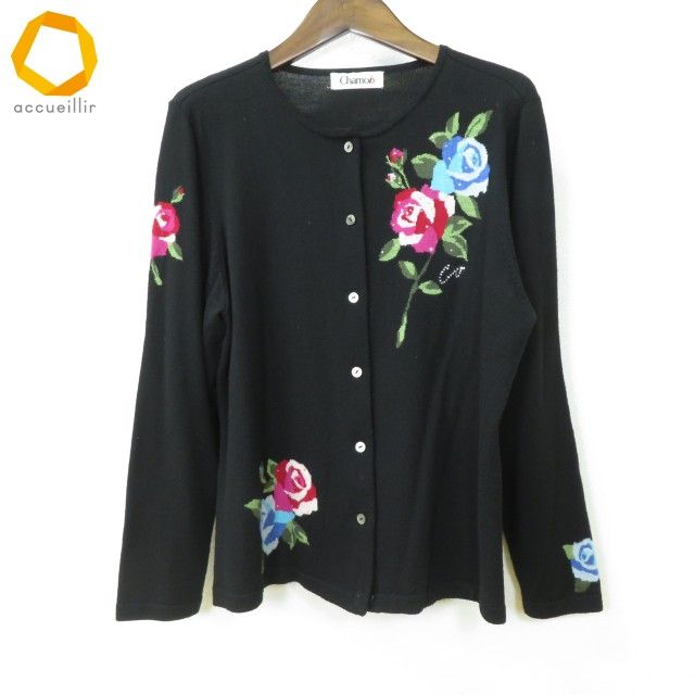 w シャミー Chamois カーディガン 44 黒 マルチ バラ柄 ローズ柄