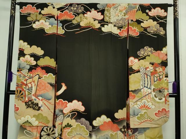 平和屋着物○極上 アンティーク 大正ロマン 振袖 駒刺繍 御所車松文