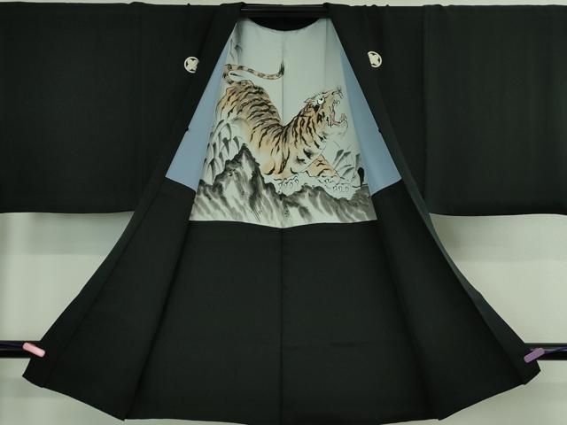 平和屋着物＃極上 男性 黒紋付長羽織 羽裏・虎 逸品 DZAB2849kh6