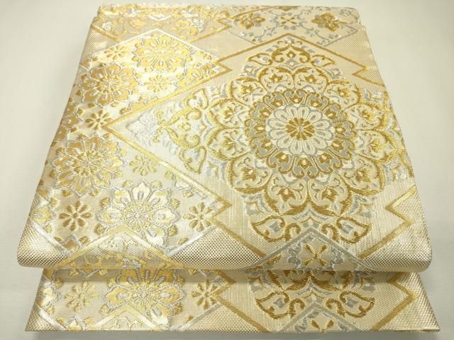 平和屋着物▽佐賀錦 両面 六通柄袋帯 松皮菱正倉院花文 金銀糸 正絹