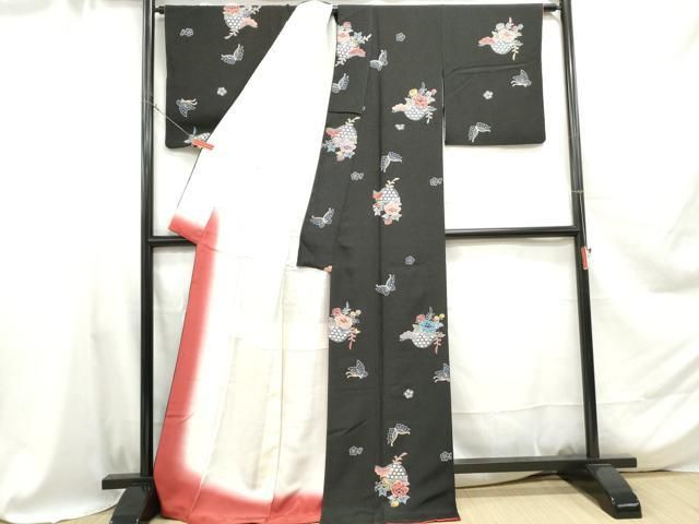 平和屋着物□上質な小紋 型染 舞蝶花丸文 黒地 正絹 逸品 DABA9416qa